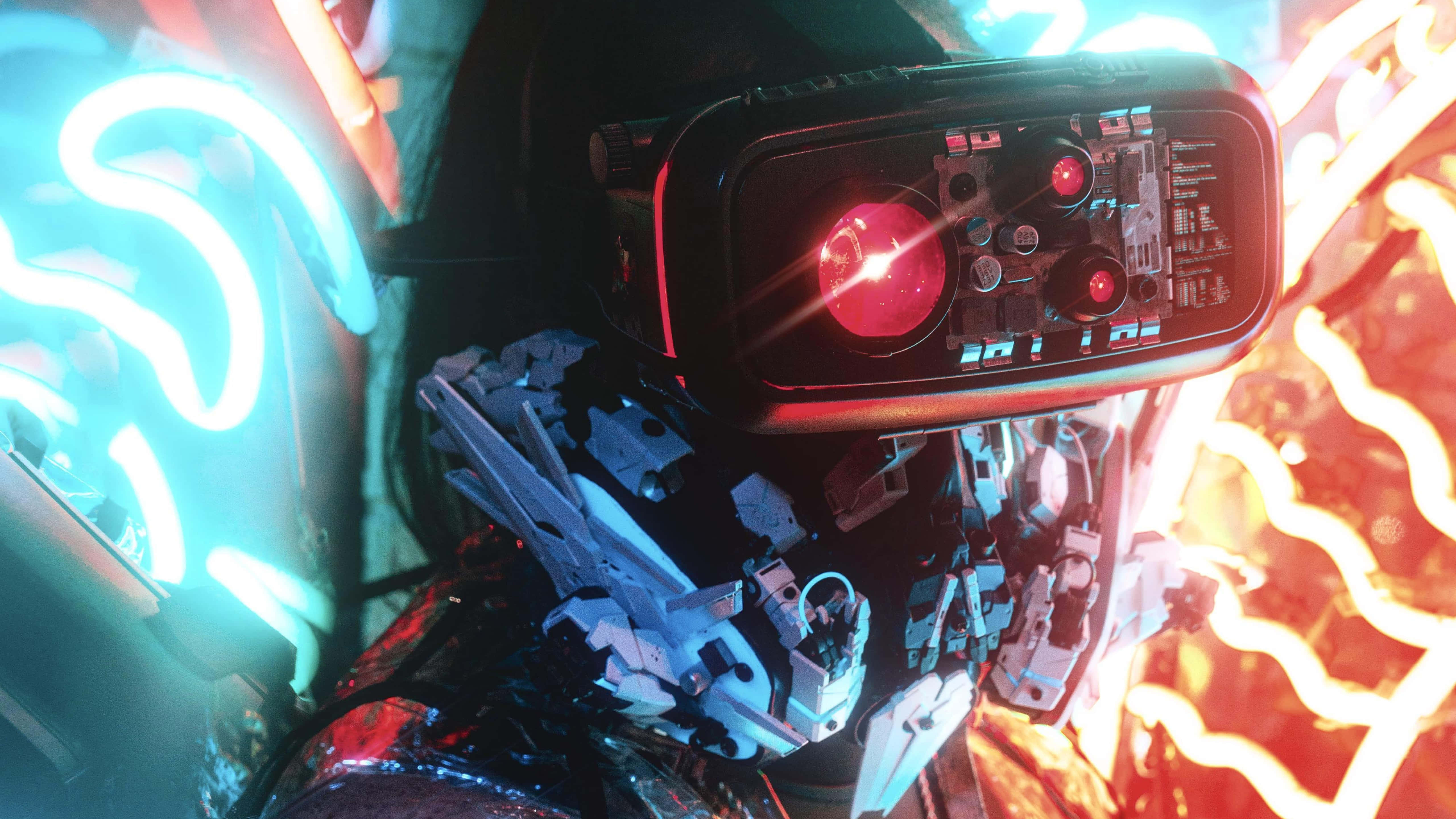 A Woman Wearing A Vr Headset In Front Of Neon Lights Wallpaper ...