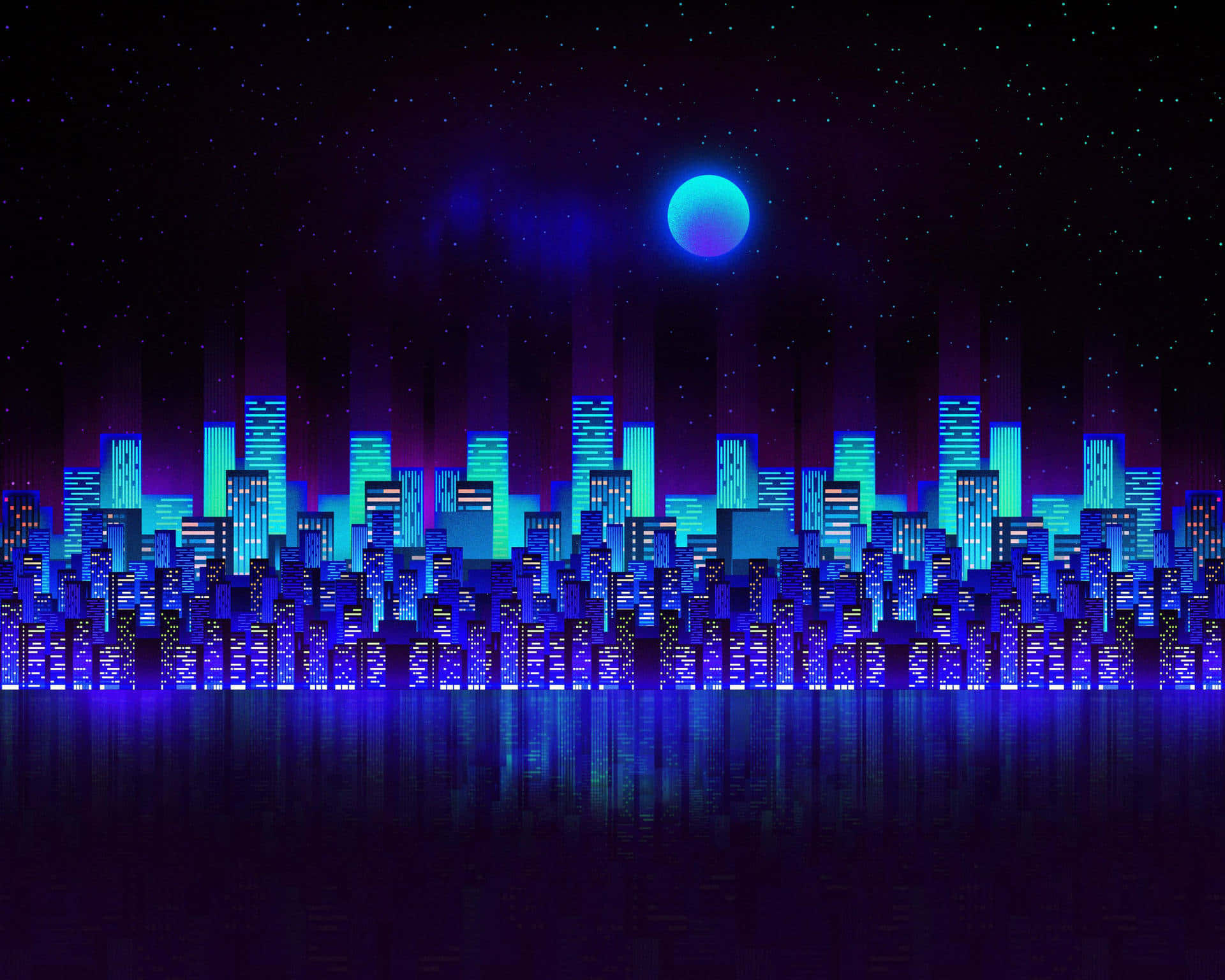 Blue Neon Cityscape Reflection Wallpaper WallpapersOK