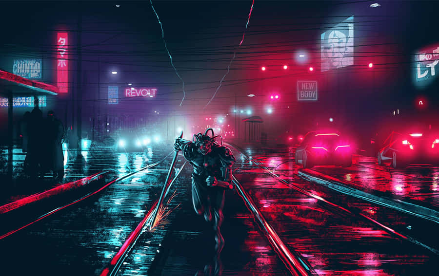 Neon Lights And Tech Accessories Light Up A Cyberpunk Laptop Wallpaper ...