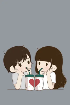 Cute Couple Cartoon Pink Flowers Wallpaper WallpapersOK