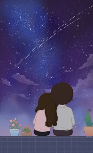 Cute Couple Cartoon Meteor Purple Sky Wallpaper WallpapersOK
